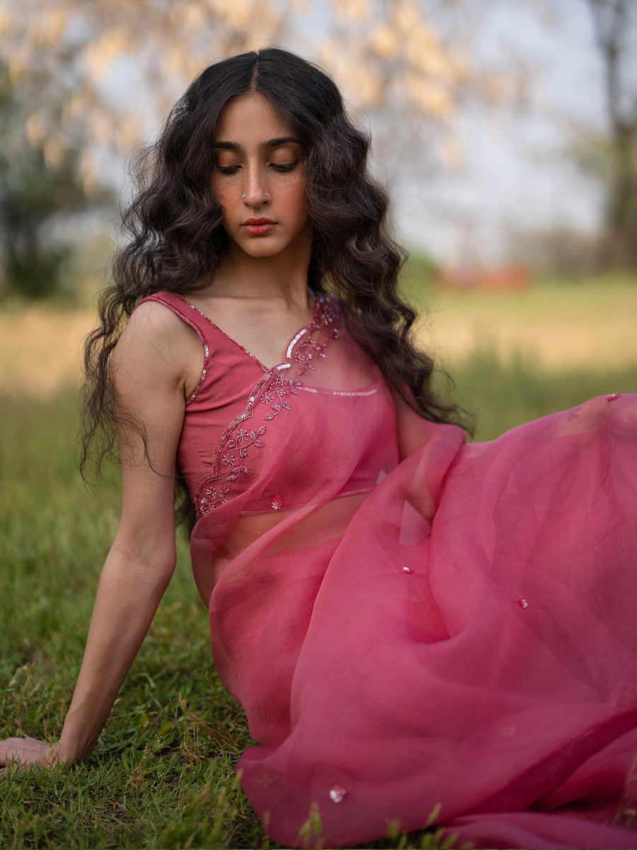 Roseate Silk Organza Saree Set – Zoon